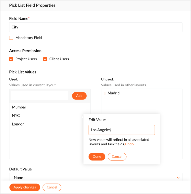 Zoho Projects - Edit Pick List Values