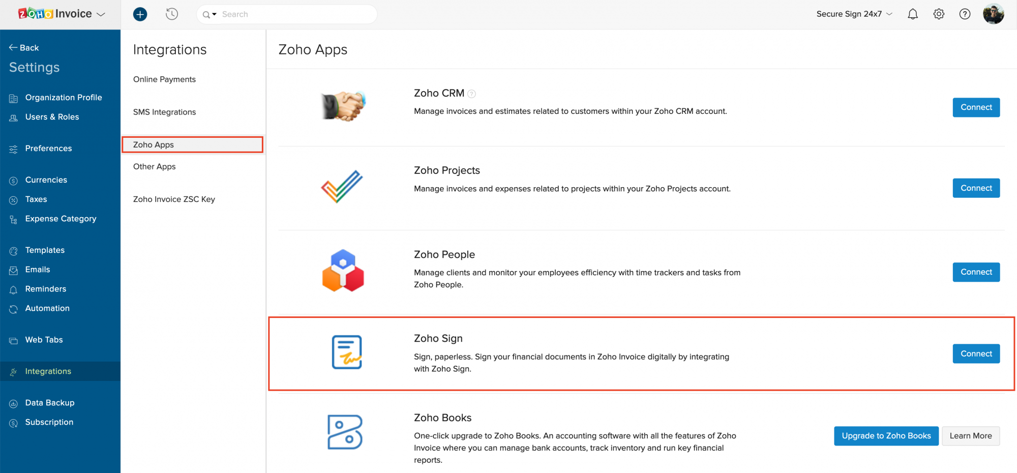 Zoho Sign - Integration with Zoho Invoice