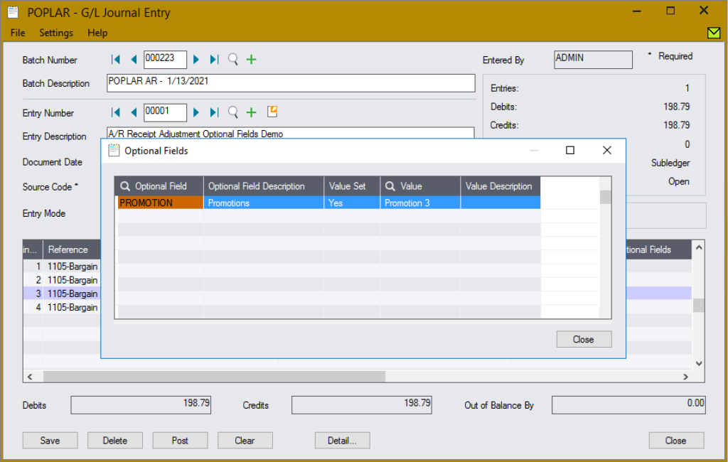Sage 300 AR Receipt Adjustment Optional Fields