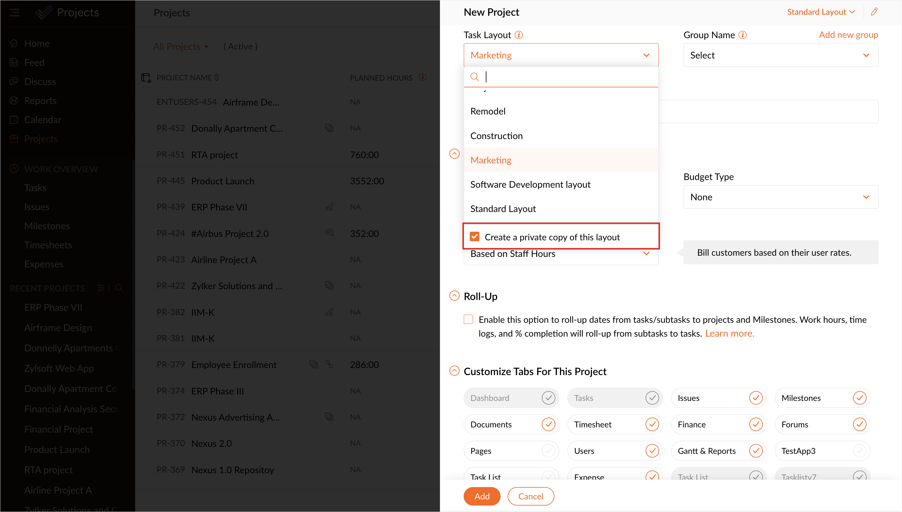 Zoho Projects - Create a Private Copy of an Existing Layout