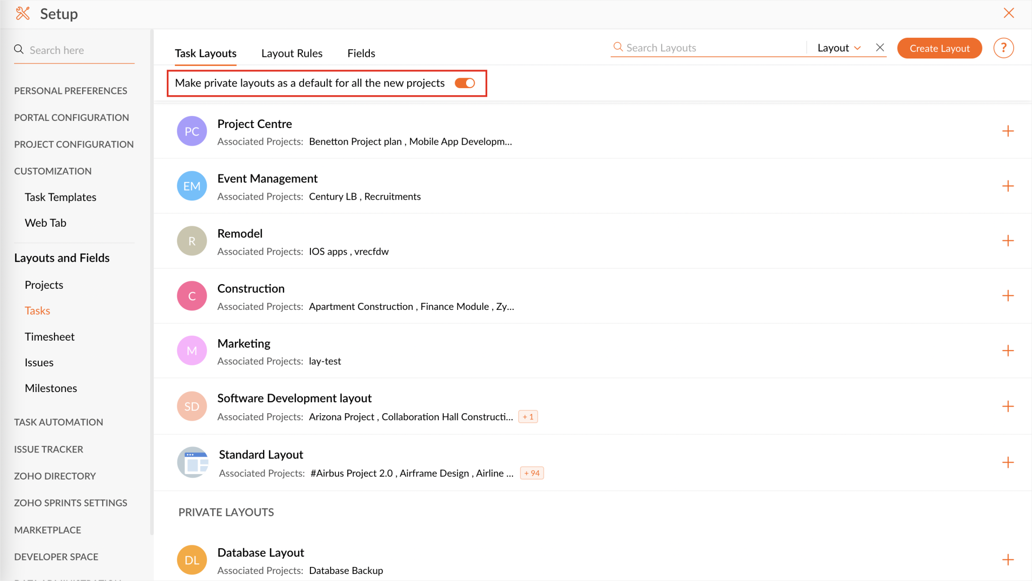 Zoho Projects - How to Make Private Layouts