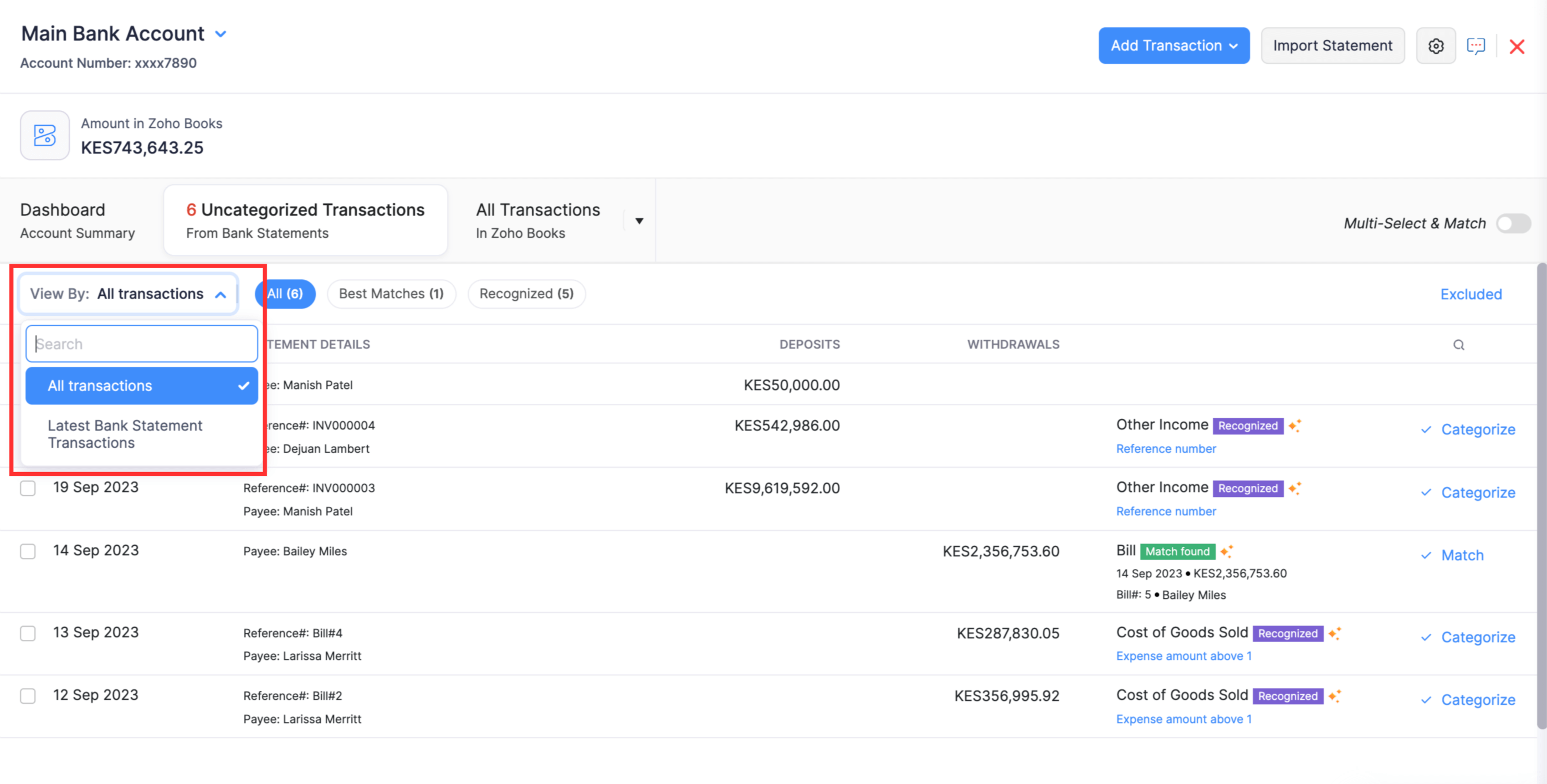 Zoho Books - Match Transactions