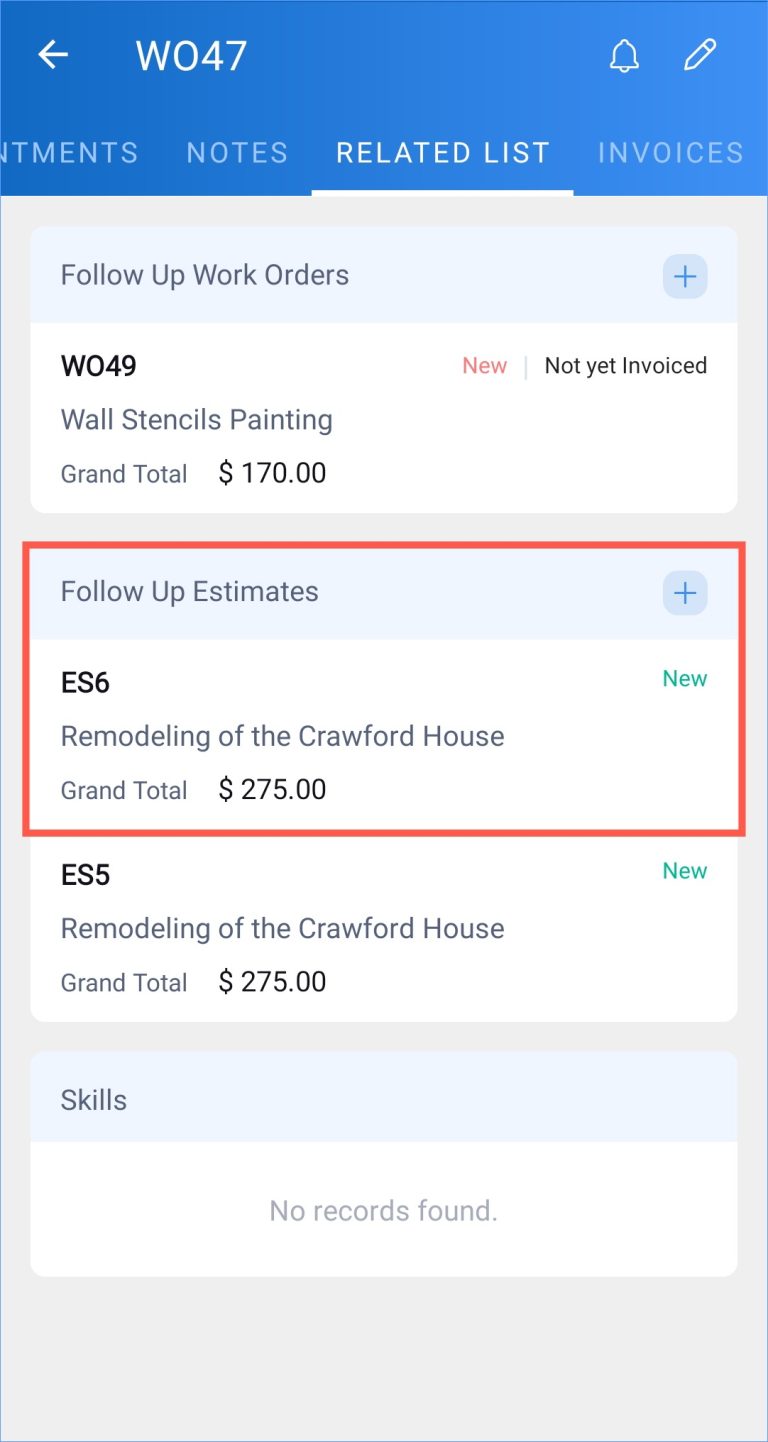 Zoho FSM - Follow-up Work Order and Estimate